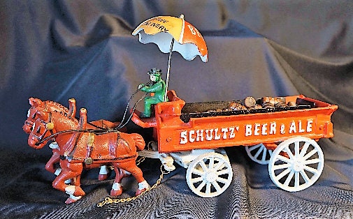 SALE! Cast iron Schultz' Beer and Ale Wagon with wood beer barrels