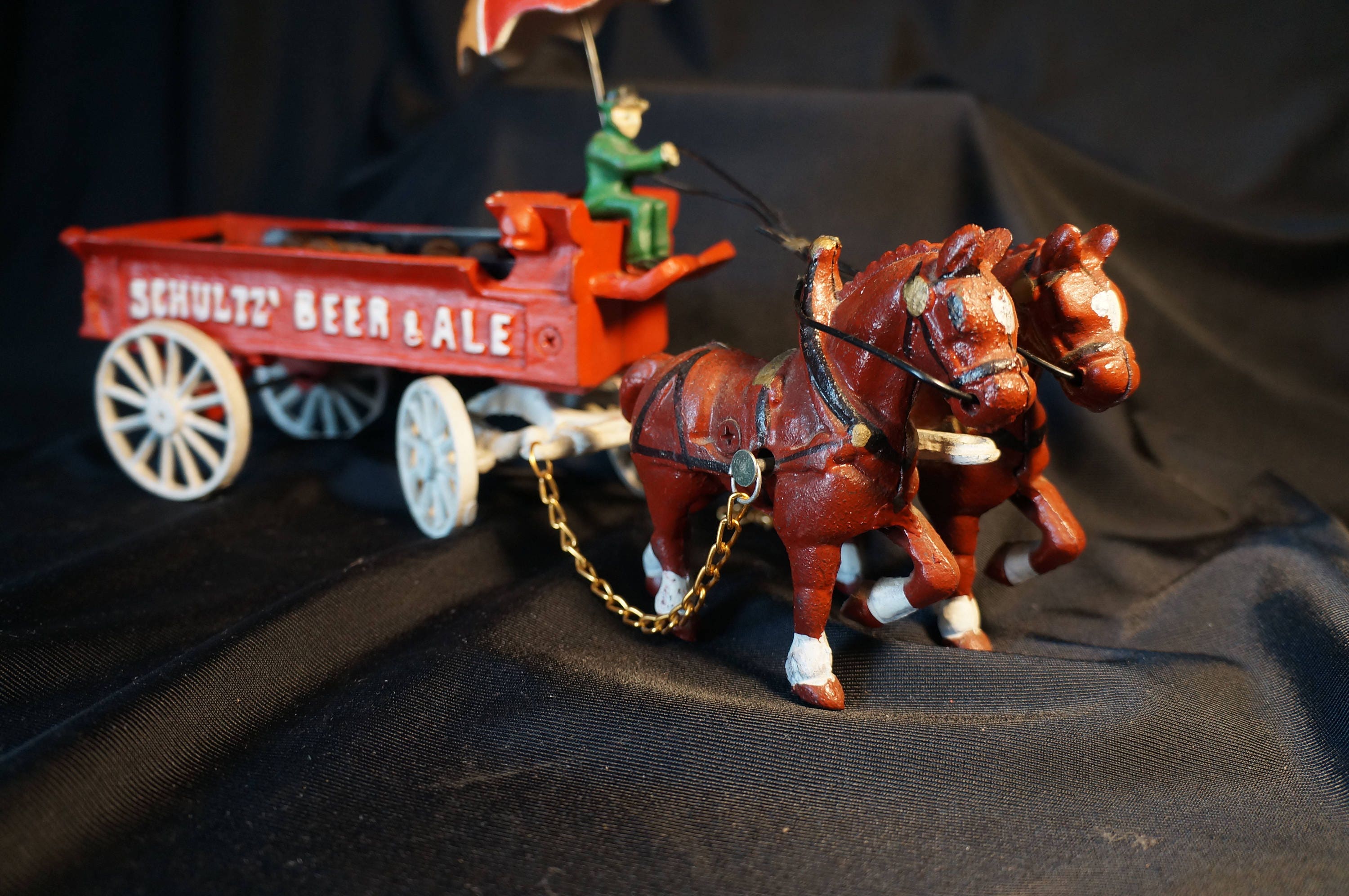 SALE! Cast iron Schultz' Beer and Ale Wagon with wood beer barrels