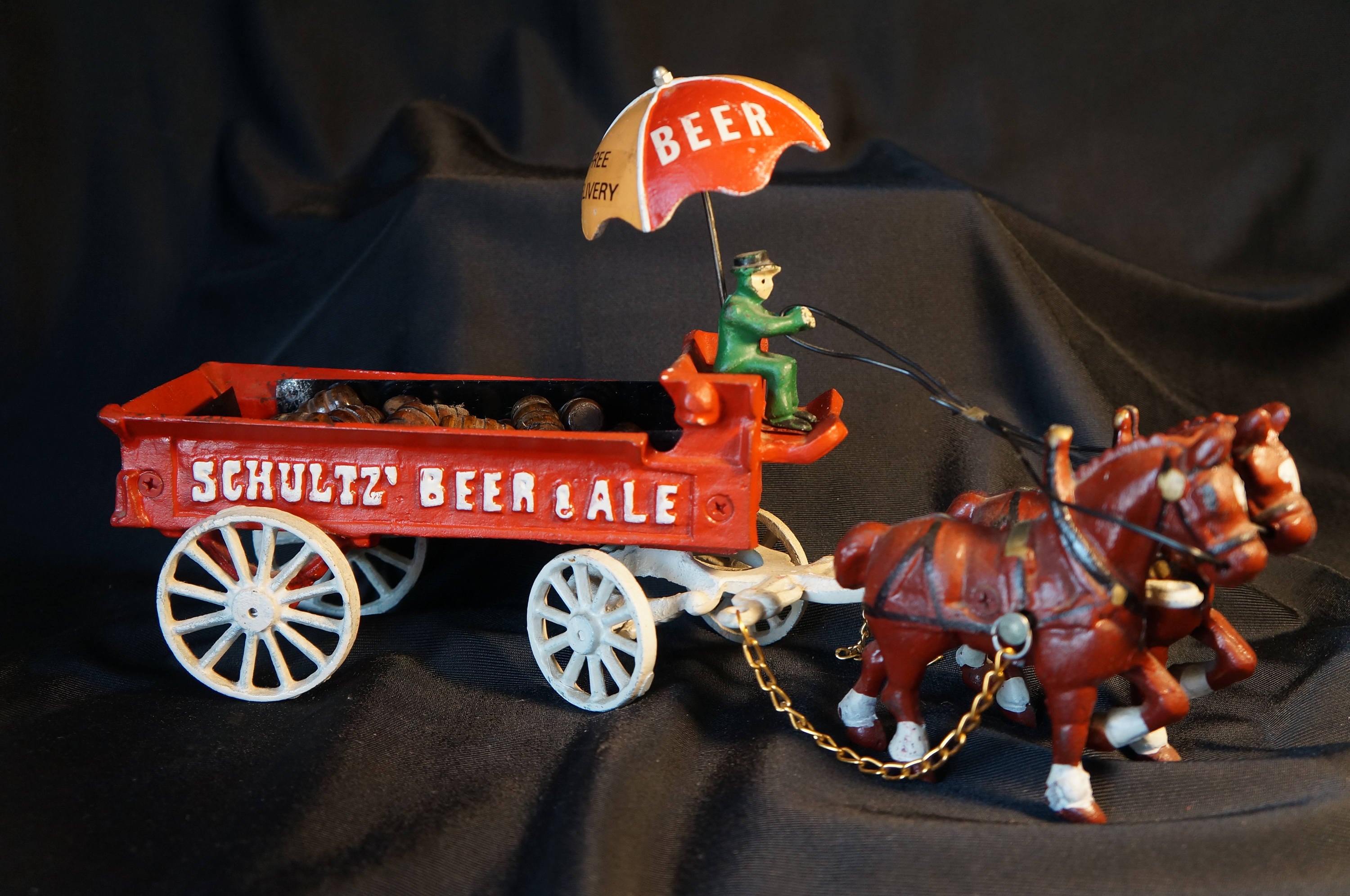 SALE! Cast iron Schultz' Beer and Ale Wagon with wood beer barrels