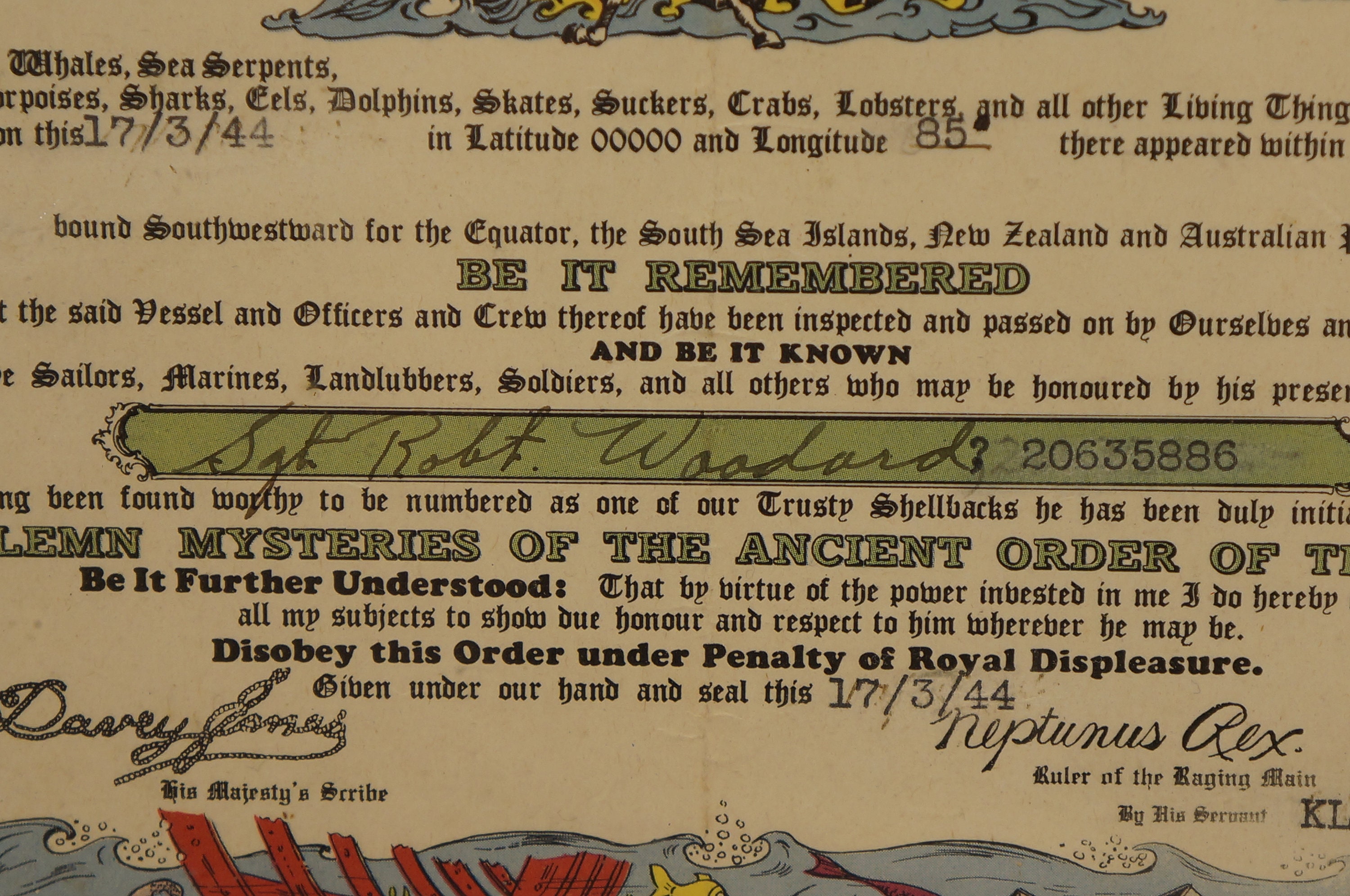 WW2 Shellback Certificate March 17, 1944