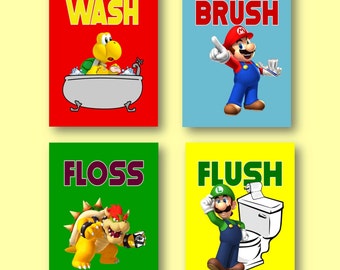 Super Mario V3 Kids Bathroom Decor Wall Art Prints Wash Brush | Etsy