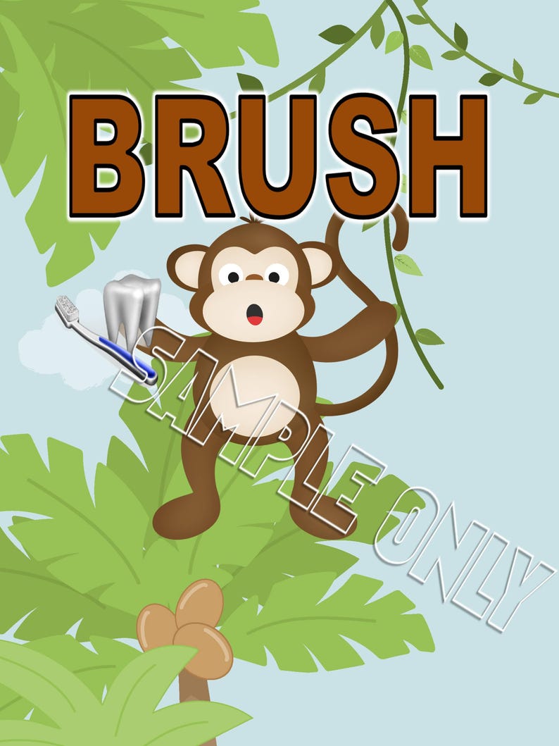 Monkey Business Bathroom Wash Brush Floss Flush Kids Bathroom | Etsy