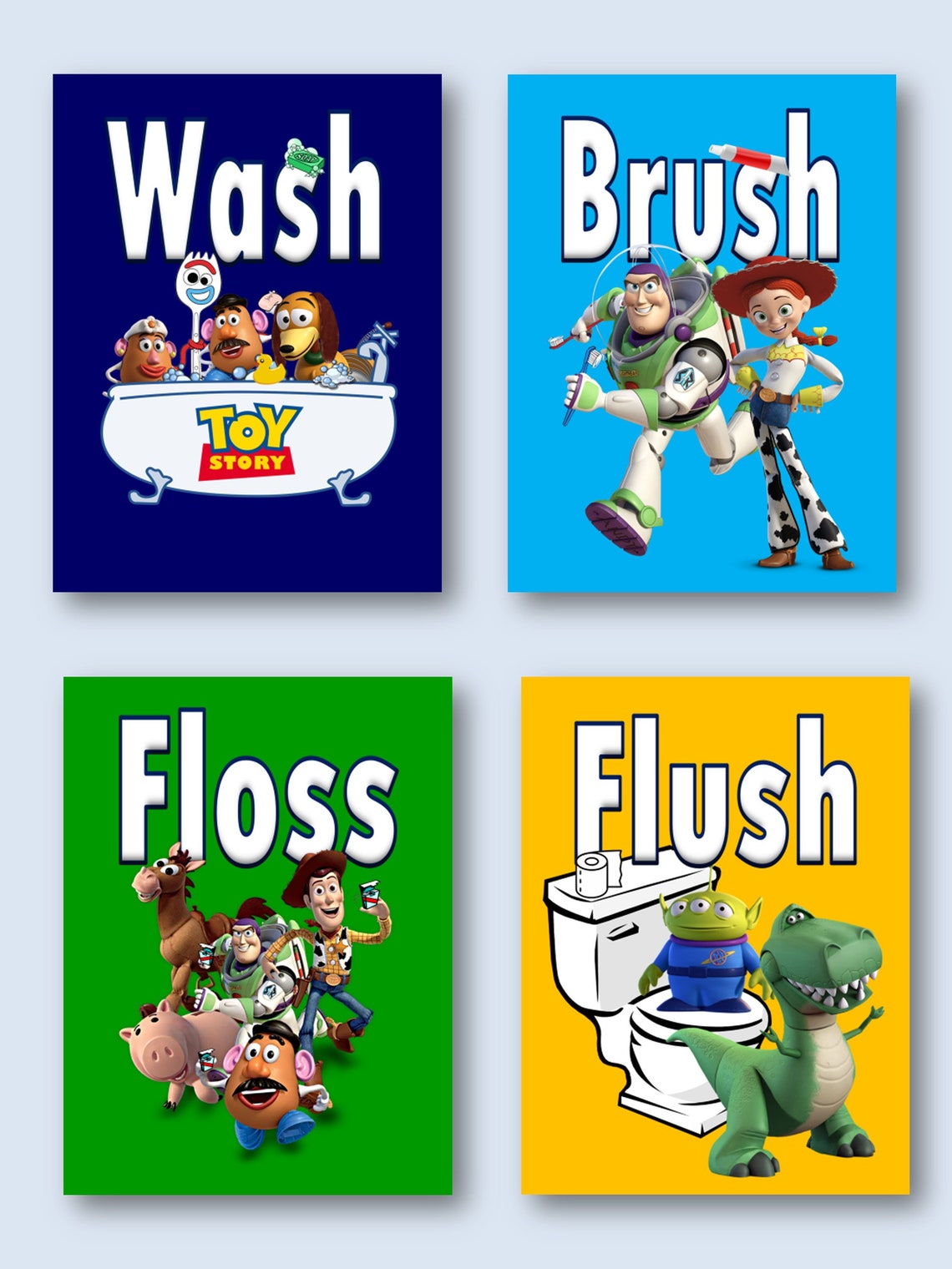 Toy Story Wash Brush Floss Flush Kids Bathroom Wall Art Prints - Set of ...