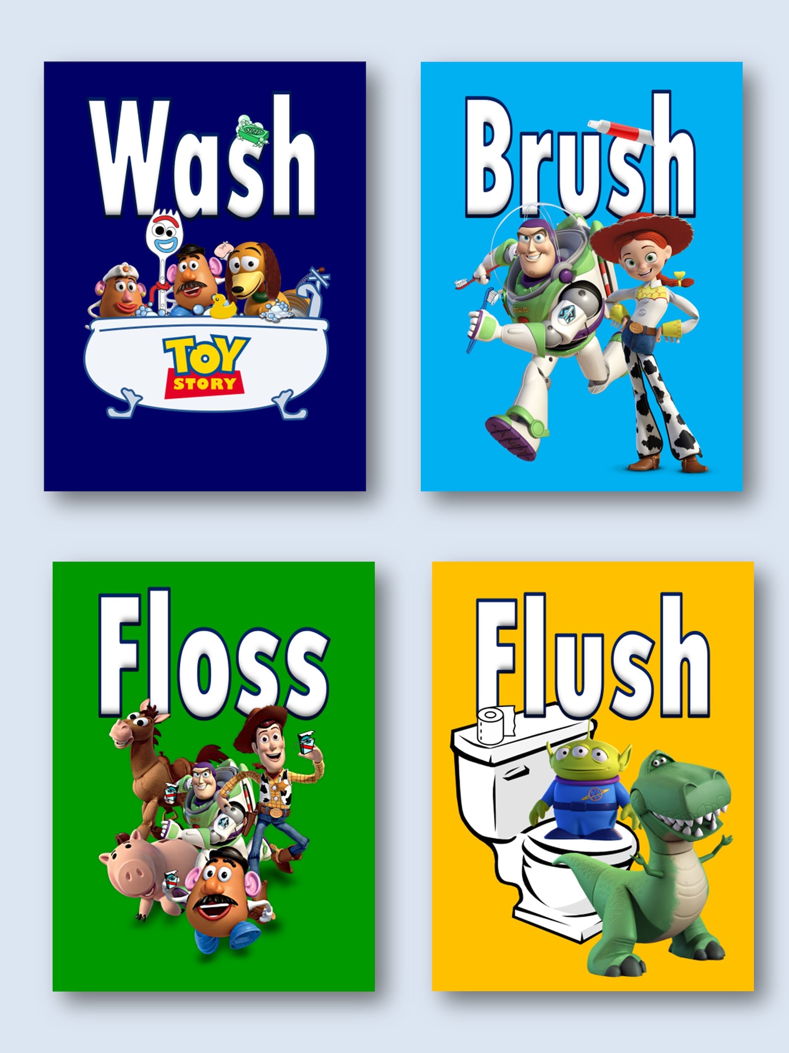 Toy Story Wash Brush Floss Flush Kids Bathroom Wall Art Prints - Set of ...