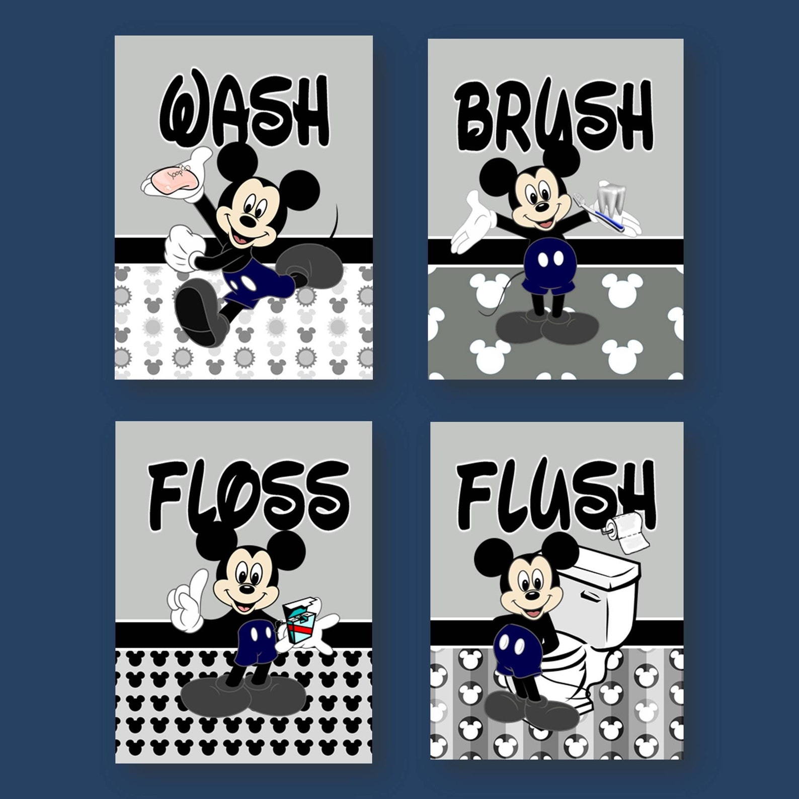 Mickey Mouse Gray Blue Wash Brush Floss Flush Kids Bathroom | Etsy