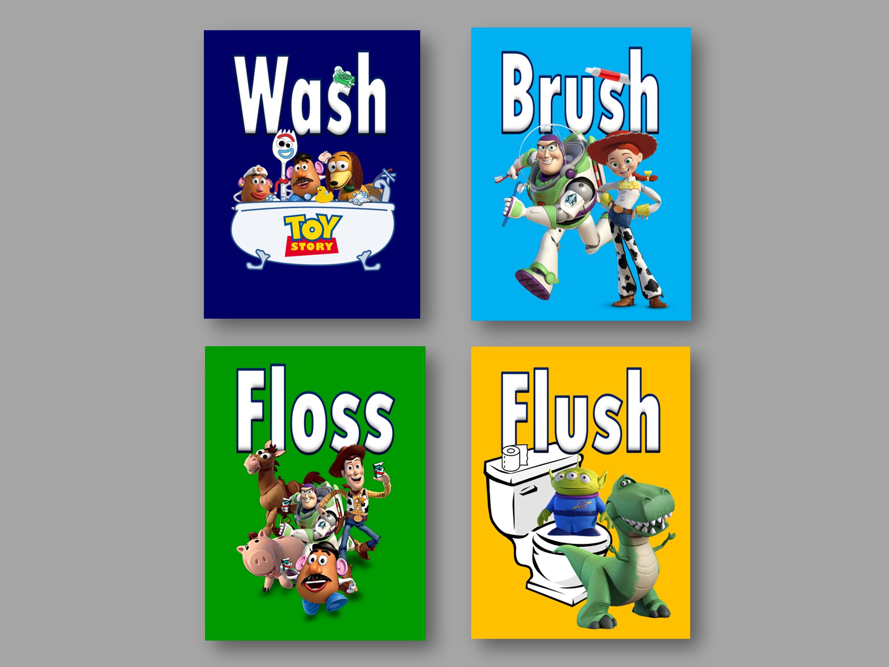 Toy Story Wash Brush Floss Flush Kids Bathroom Wall Art Prints - Set of ...