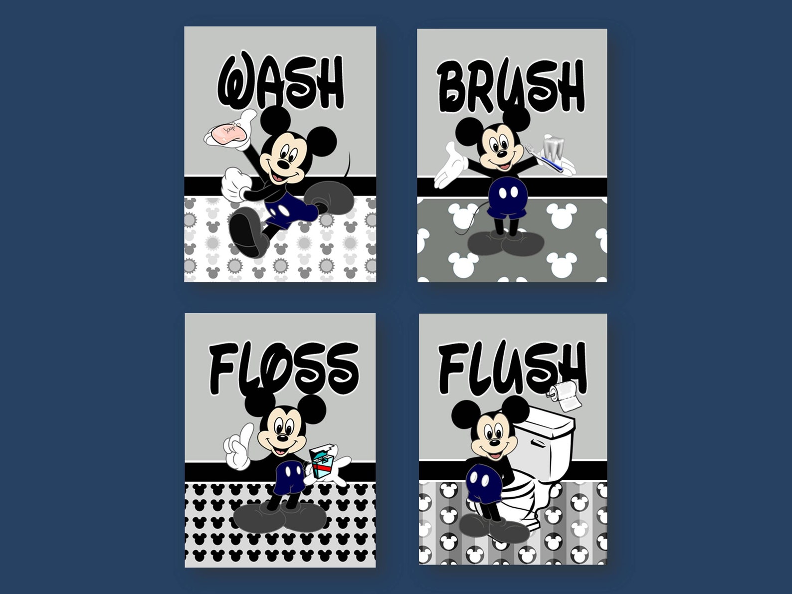 Mickey Mouse Gray Blue Wash Brush Floss Flush Kids Bathroom - Etsy