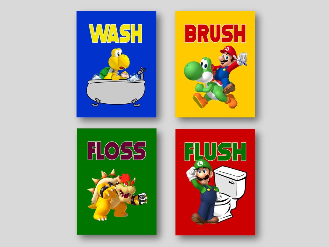 Super Mario V3 Kids Bathroom Decor Wall Art Prints Wash Brush Floss ...