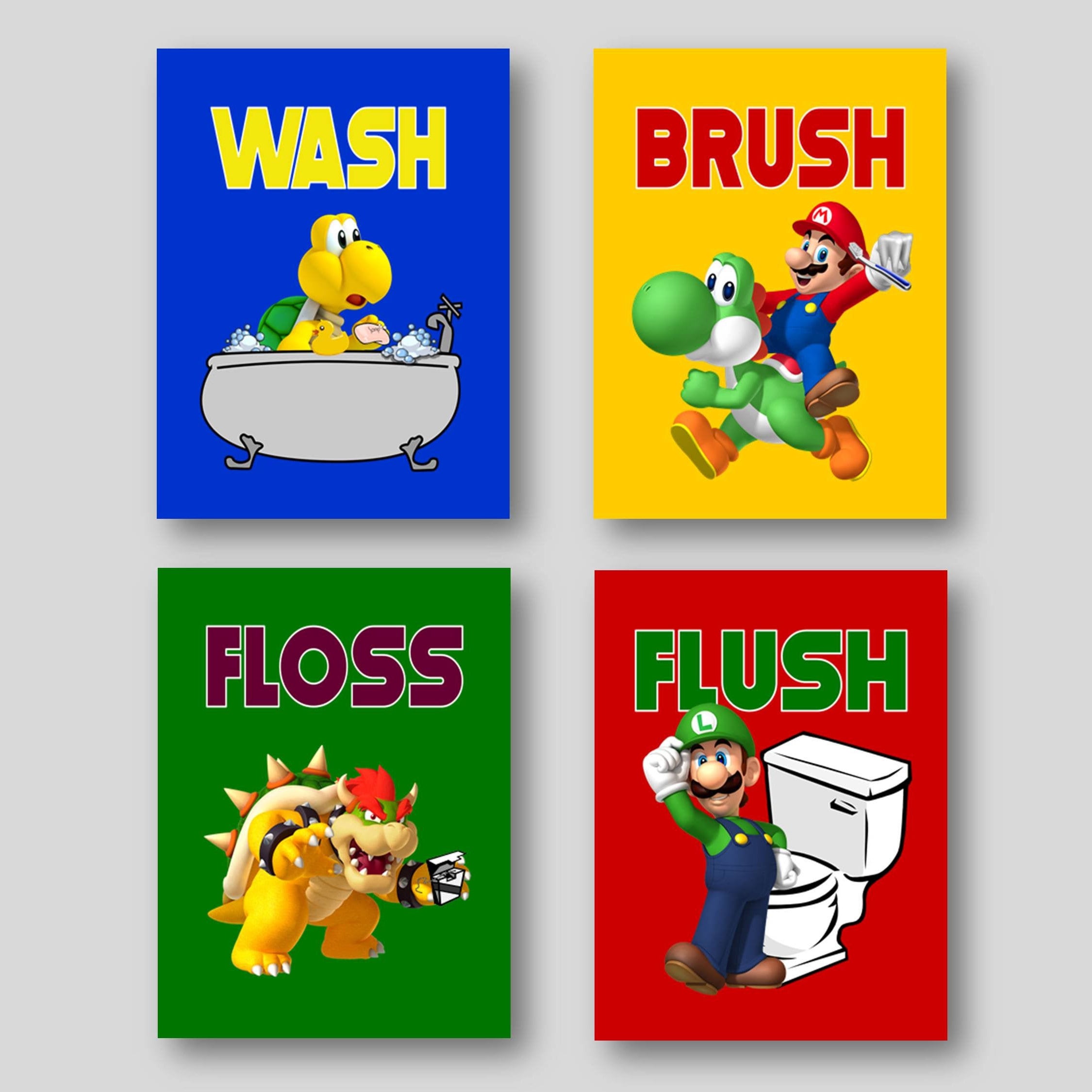 Super Mario V3 Kids Bathroom Decor Wall Art Prints Wash Brush - Etsy