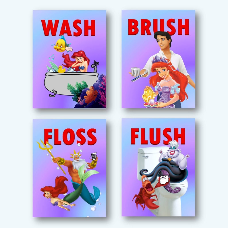 Little Mermaid Wash Brush Floss Flush Kids Bathroom Decor Wall | Etsy