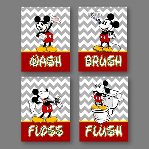 Mickey Mouse Bathroom Prints Wash Brush Floss Flush Wash | Etsy