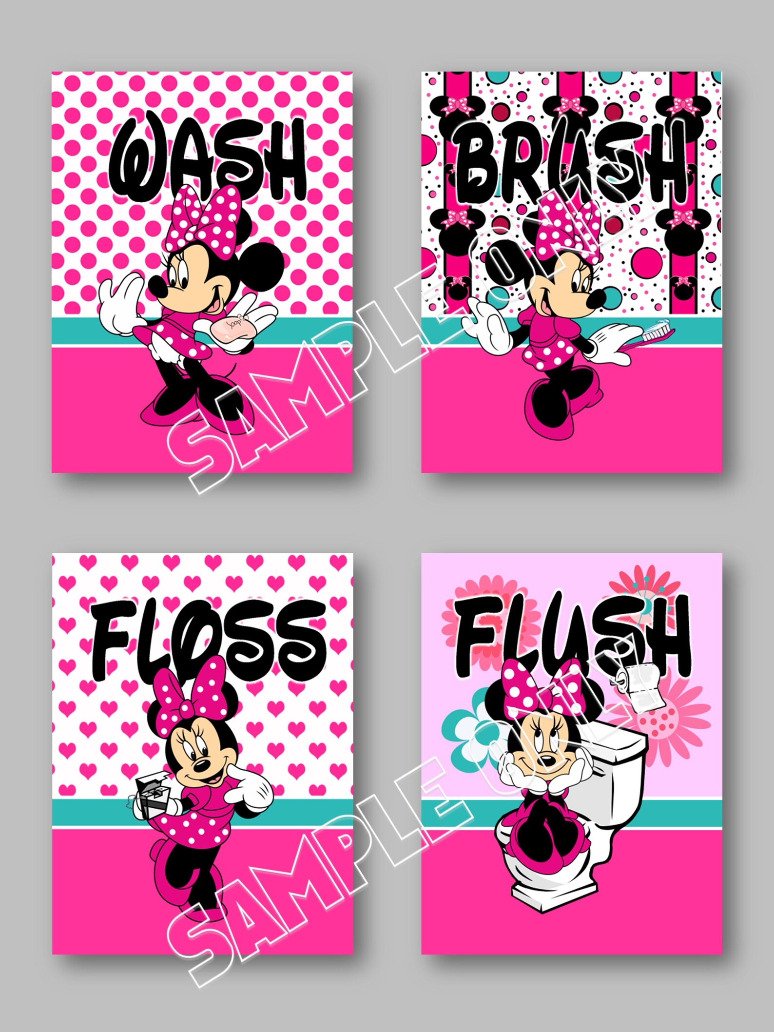 Minnie Mouse Hot Pink and Teal Wash Brush Floss Flush Kids - Etsy