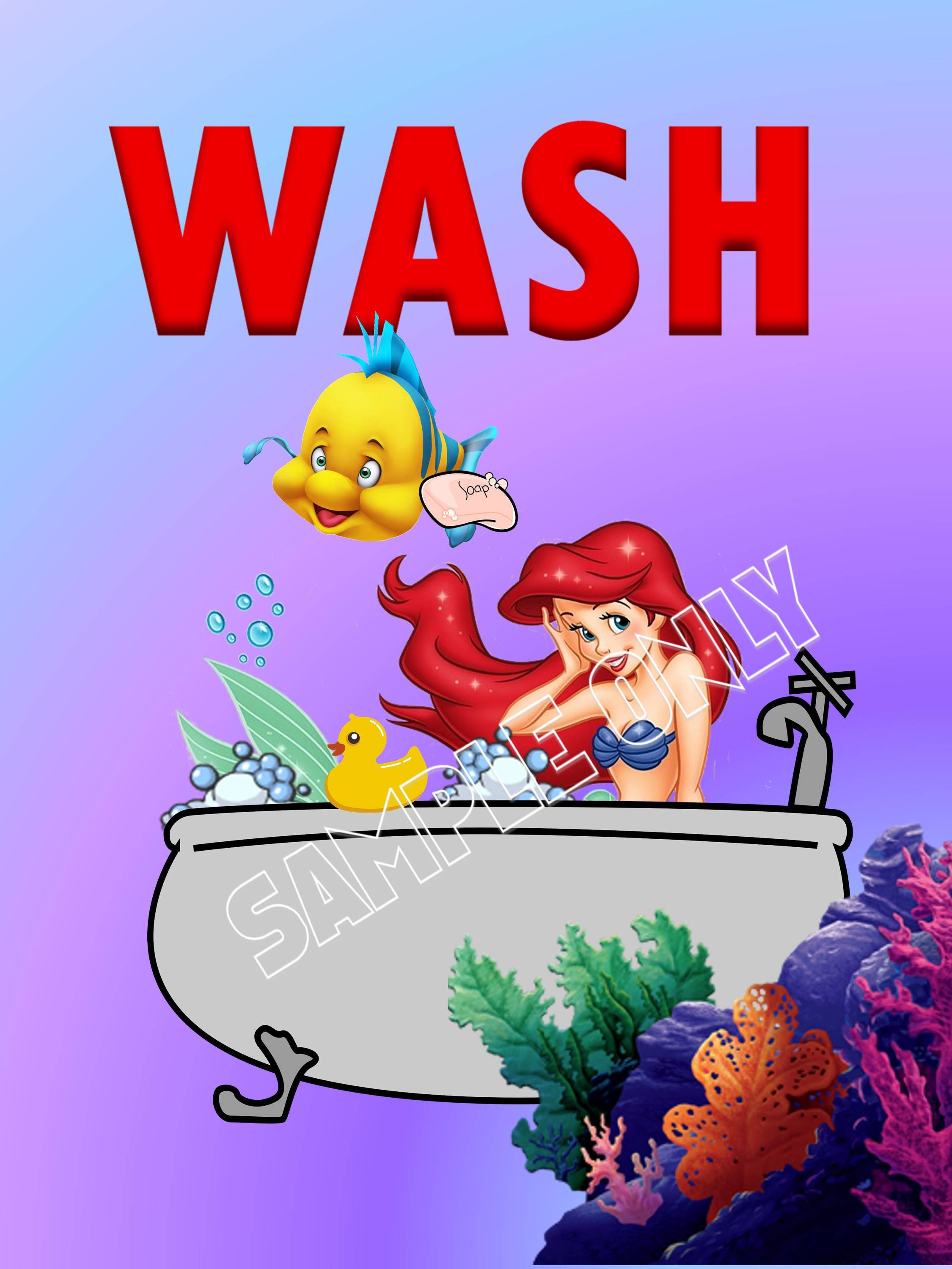 Little Mermaid Wash Brush Floss Flush Kids Bathroom Decor Wall | Etsy