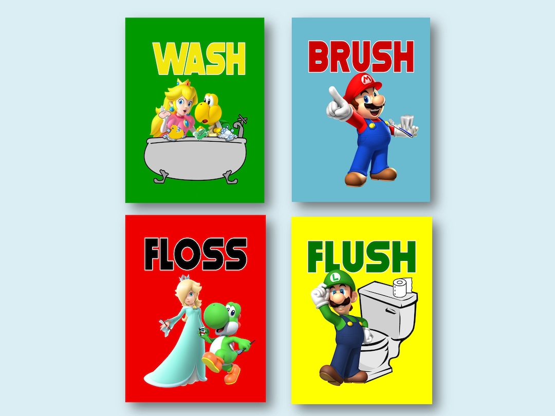 Super Mario Wash Boy Girl Brush Floss Flush Kids Bathroom Wall Art ...