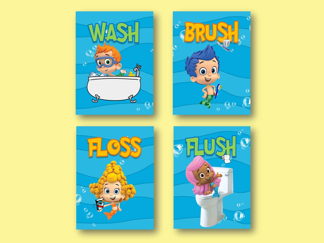 Bubble Guppies Wash Brush Floss Flush Kids Bathroom Decor Wall Art ...
