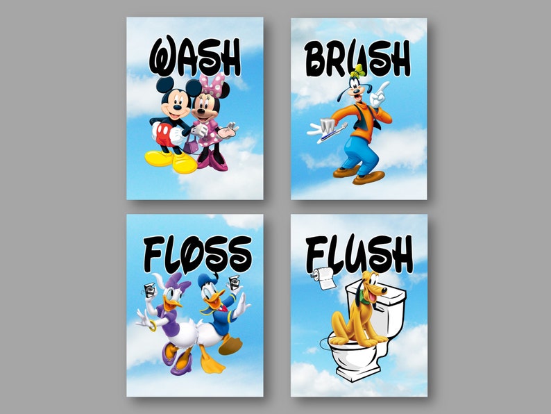 Mickey Mouse Clubhouse Wash Brush Floss Flush Kids Bathroom Decor Wall ...