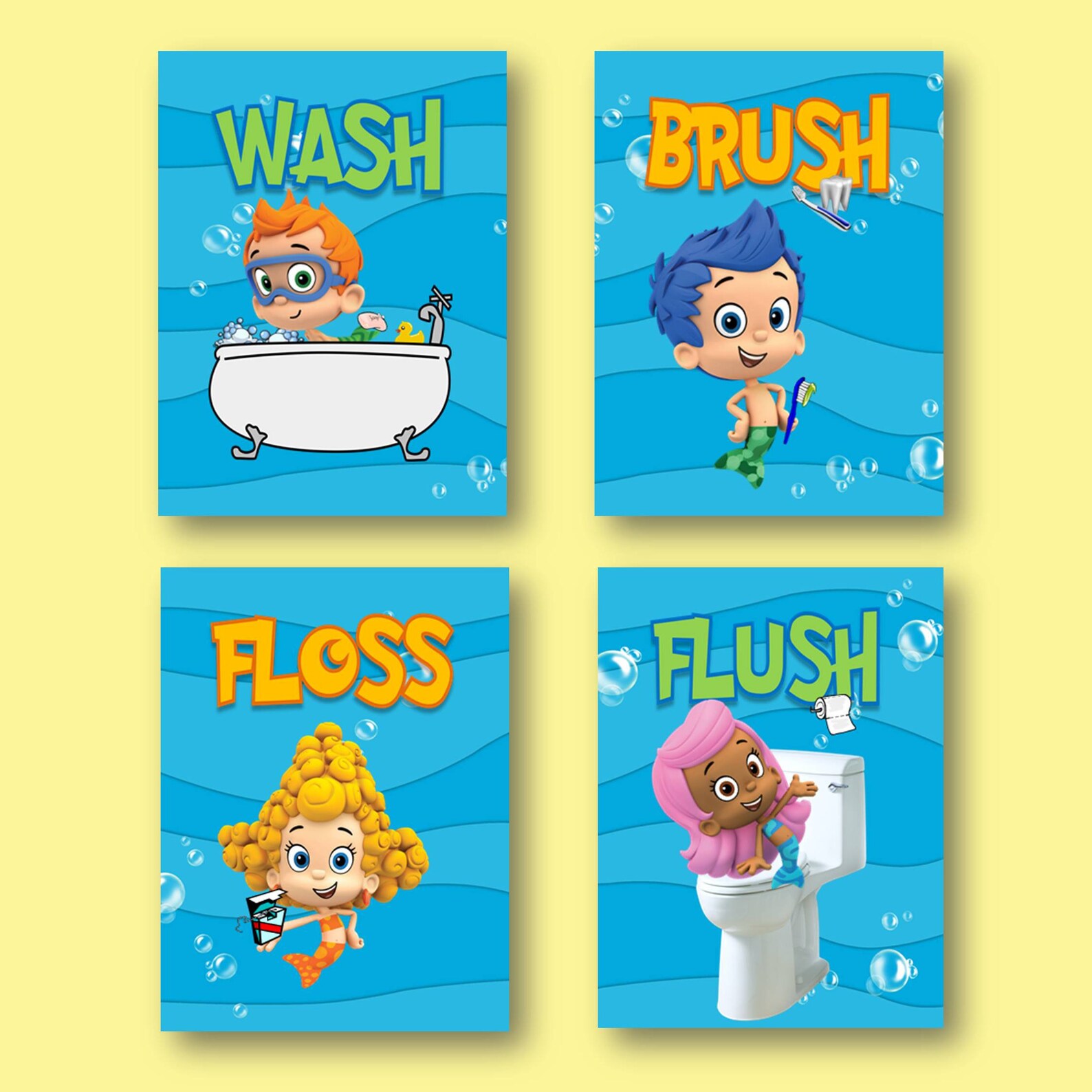 Bubble Guppies Wash Brush Floss Flush Kids Bathroom Decor Wall Art ...