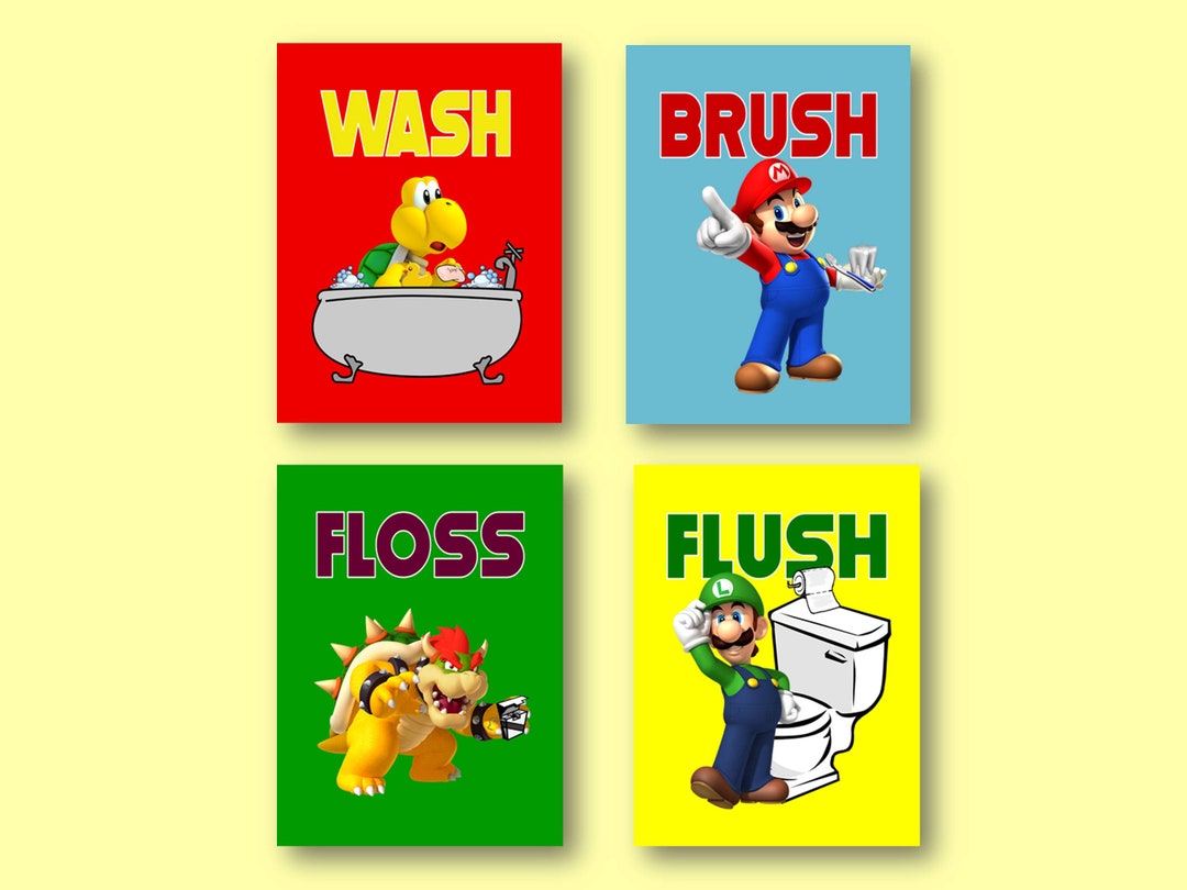 Super Mario V1 Wash Brush Floss Flush Kids Bathroom Decor Wall Art ...