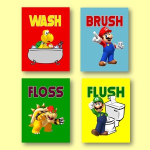 Super Mario V1 Wash Brush Floss Flush Kids Bathroom Decor Wall Art ...