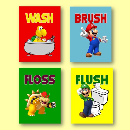 Super Mario V3 Kids Bathroom Decor Wall Art Prints Wash Brush - Etsy