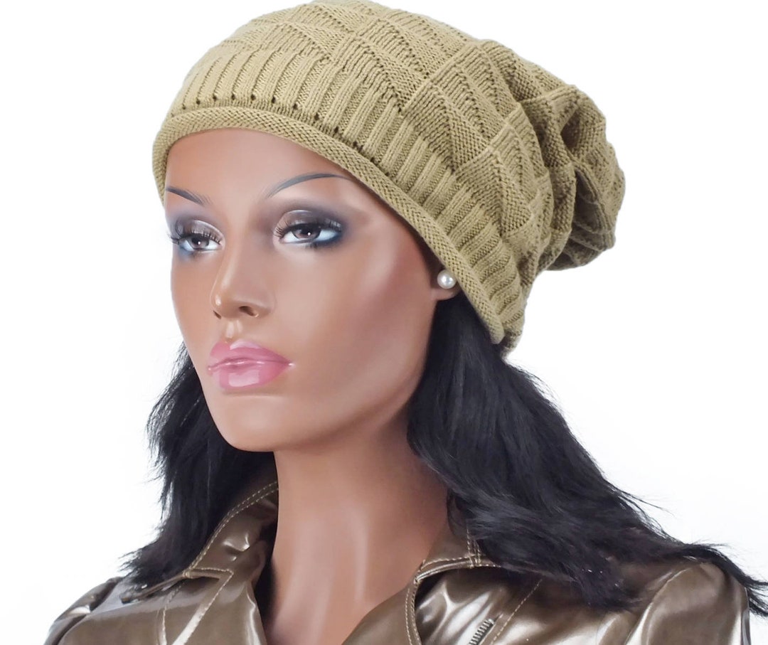 Satin Lined Knit Cap Slouch Hat in Khaki or Black - Etsy
