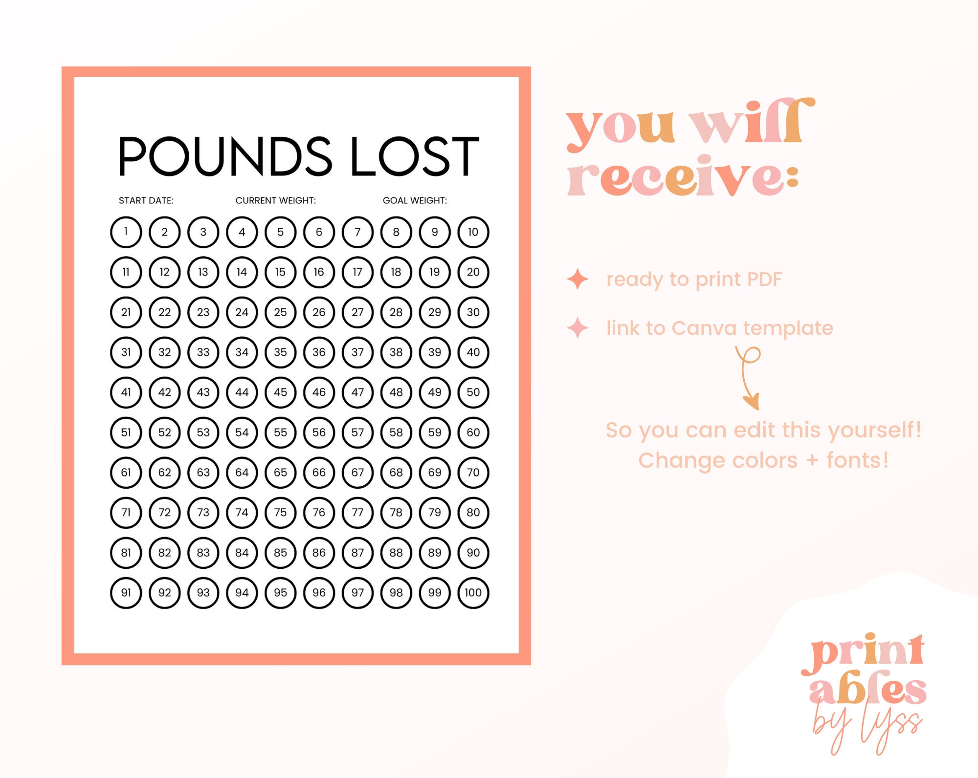 Weight Loss Tracker, 100 Lbs, Weightloss Journal, 100 Pound Lost ...