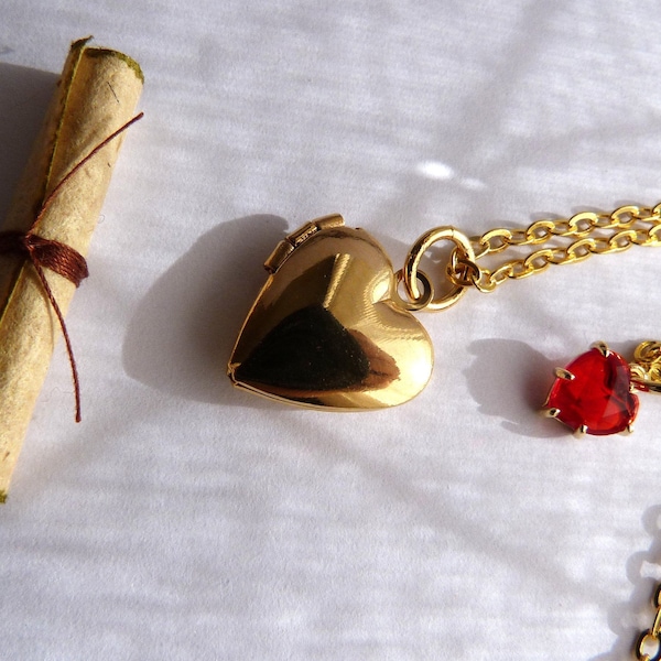 Gold and Red Heart Locket Necklace - Etsy