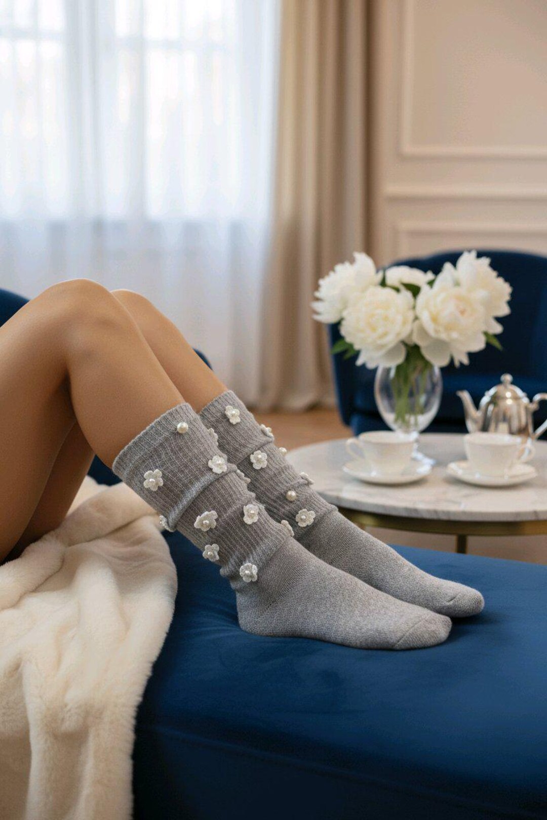Grey Coquette Slouch Socks – Handmade Crochet Flower Socks With Pearls ...