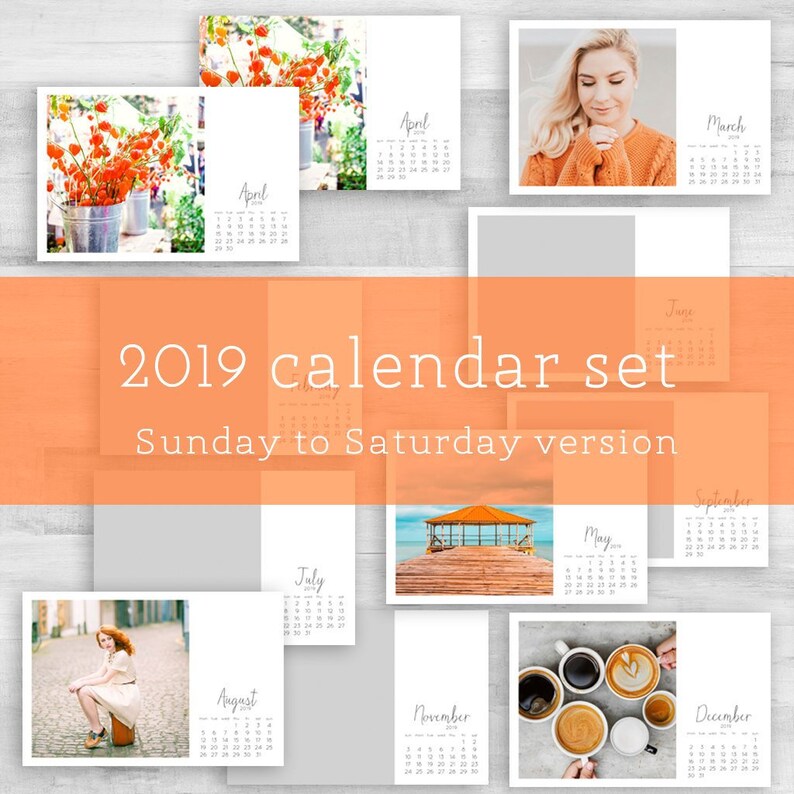 2019 Calendar Photo Templates Month Digital Brushes sun Sat - Etsy