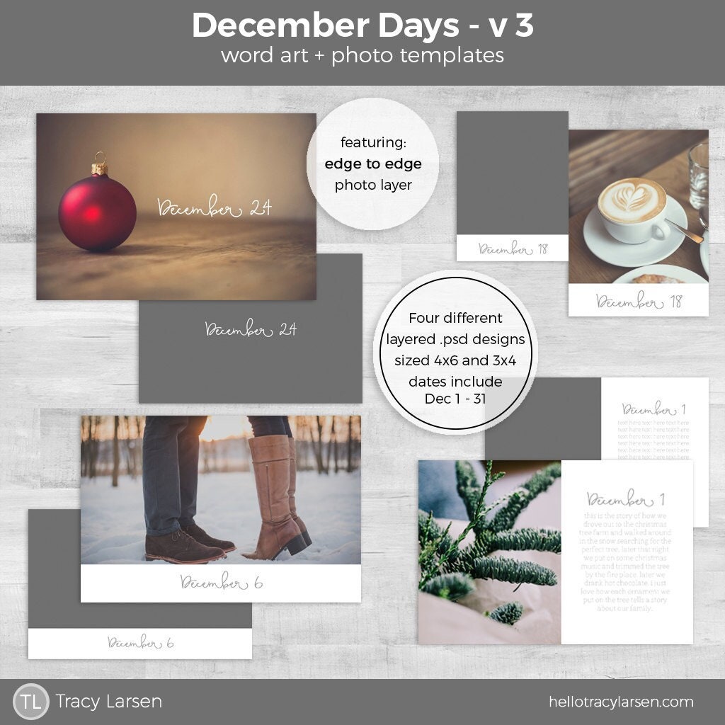 4x6 + 3x4 December Photo Collage Templates (v3) Set of 4 Designs for 31 ...