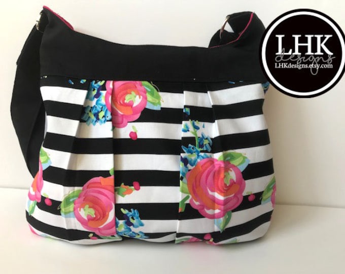 Black and Pink Floral Striped Pleated Crossbody Bag Purse Tote Bag With ...