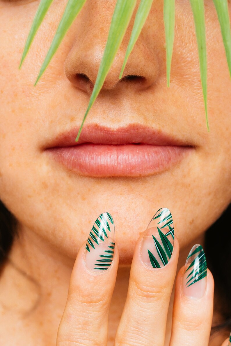 The Palmy Nailz, 24 Clear Press on Nails, Clear Leaf Print Stick on ...