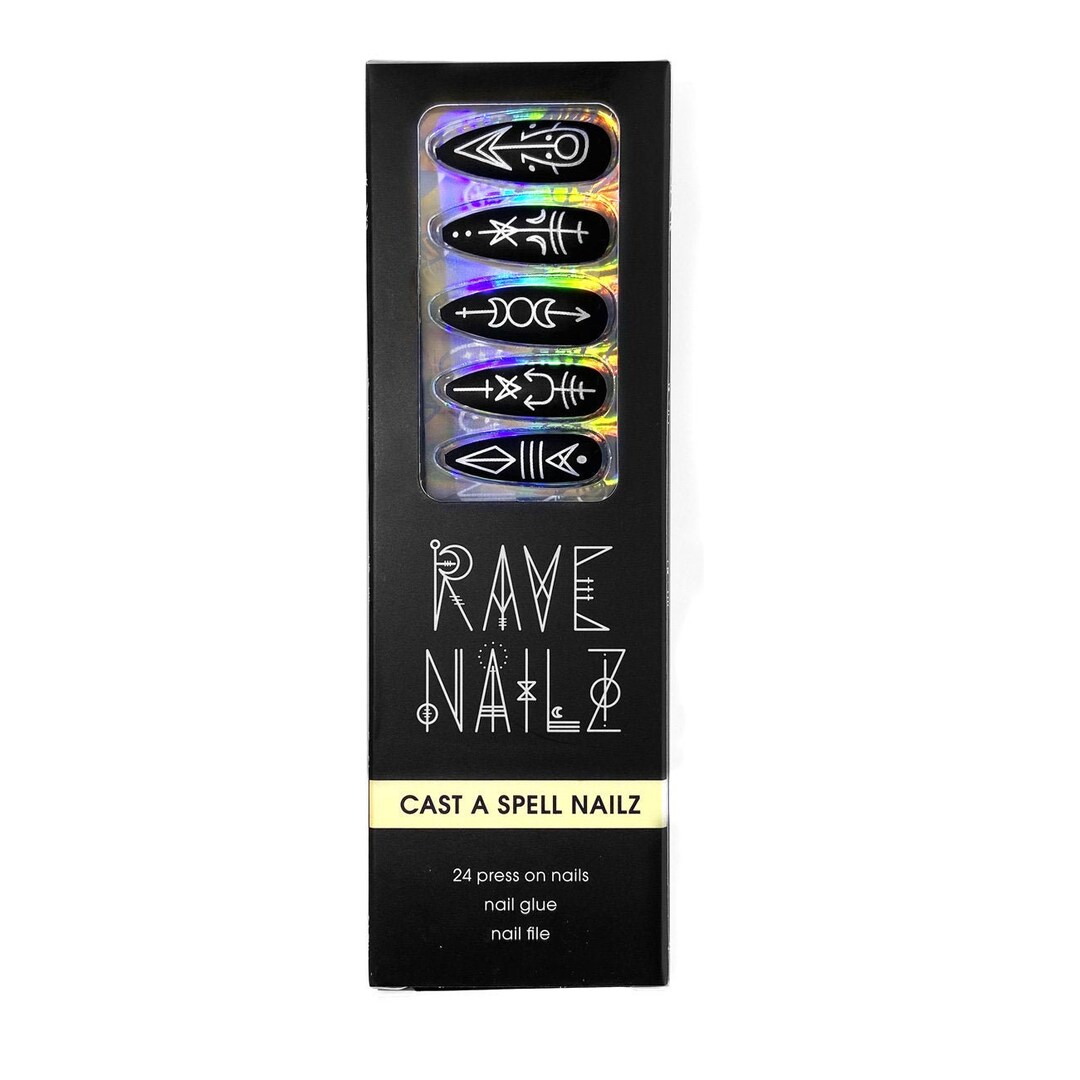 Cast A Spell Nailz, 24 Long Witchy Press on Nails, Matte Black Satanic ...