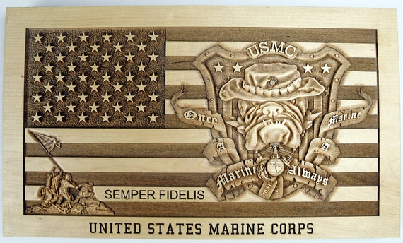 USMC Marine Corps Laser US Flag Devil Dog Carved Plaque / | Etsy