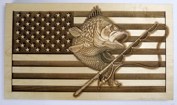 Wooden Wood US Flag With Bass Fish Fishing Carved Plaque / - Etsy