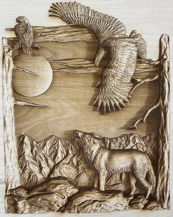 Digital Engraving Western Wolf and Eagle Scene 3D Illusion - Etsy