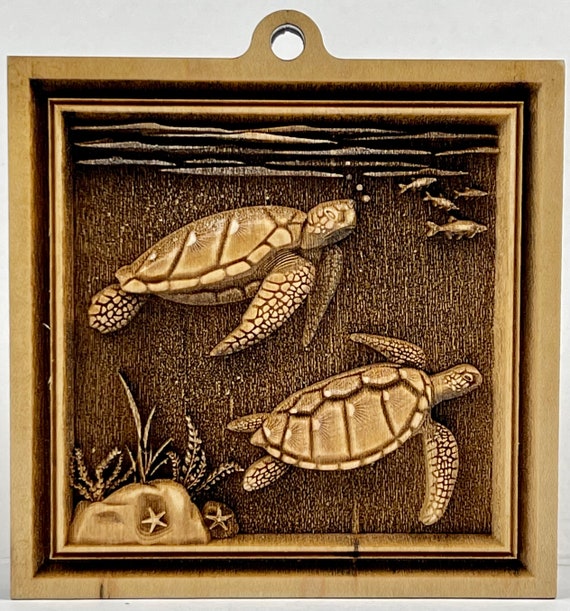 Underwater Swimming Turtles Maple Wood Ornament / Shelf Decor | Etsy