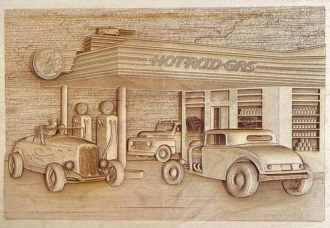 Digital Engraving File - Hot Rod Gas Station 3D Illusion File for Wood ...