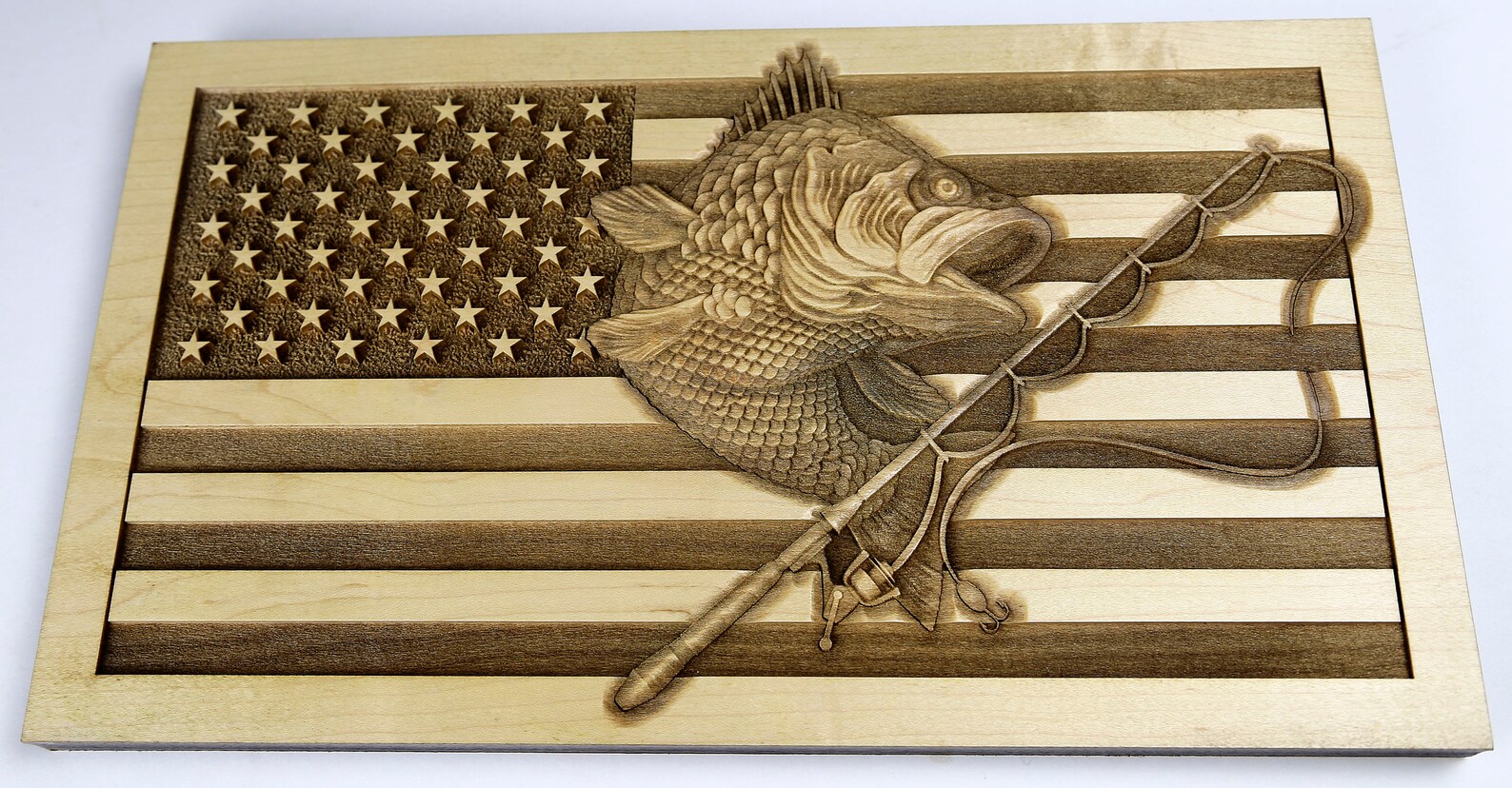 Wooden Wood US Flag With Bass Fish Fishing Carved Plaque / - Etsy
