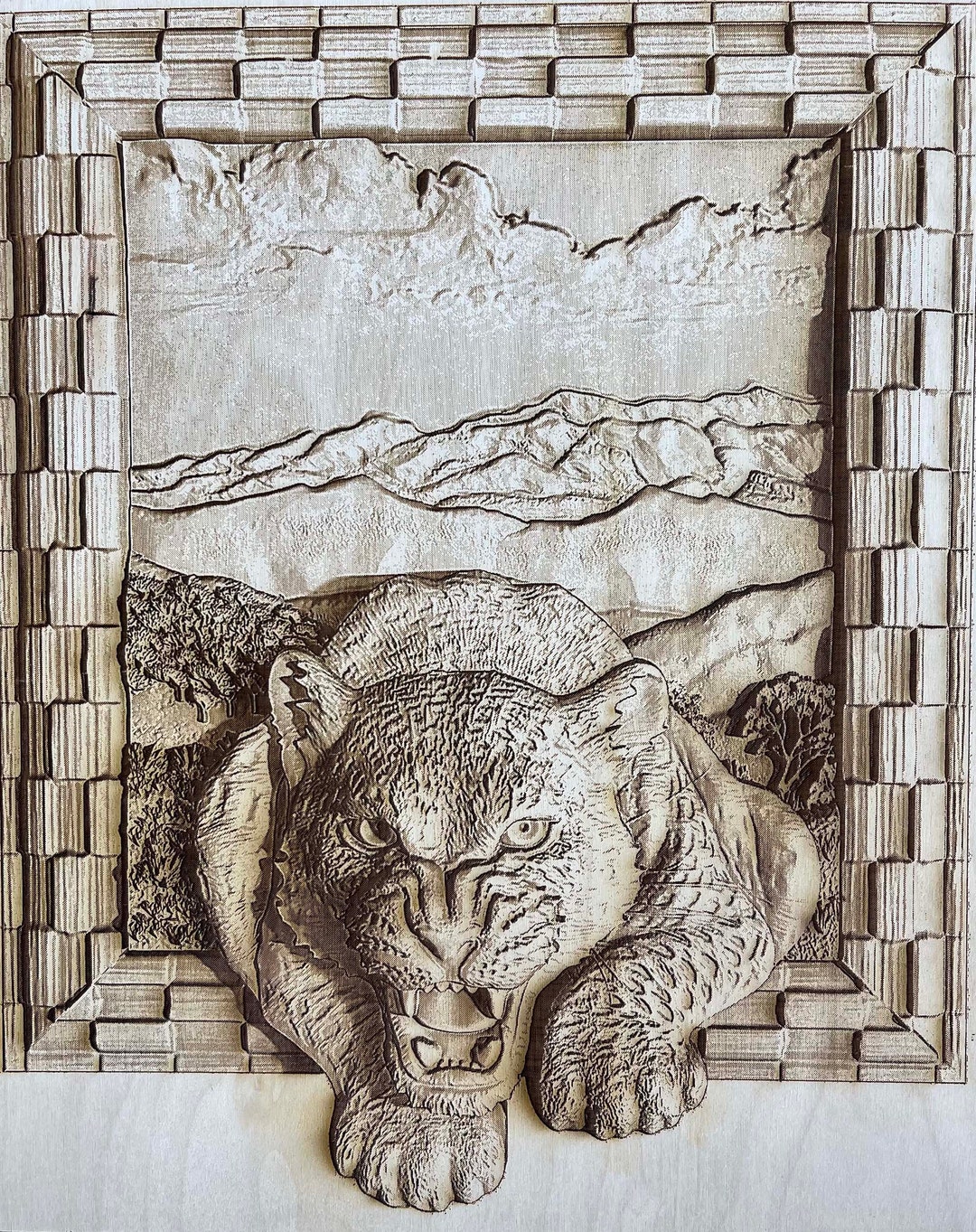 Digital Engraving Tiger Coming Out of a Frame 3D Illusion File for Wood ...