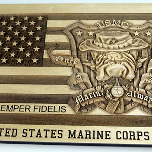 USMC - Marine Corps Laser US Flag Devil Dog Carved Plaque / Sign - USMC ...