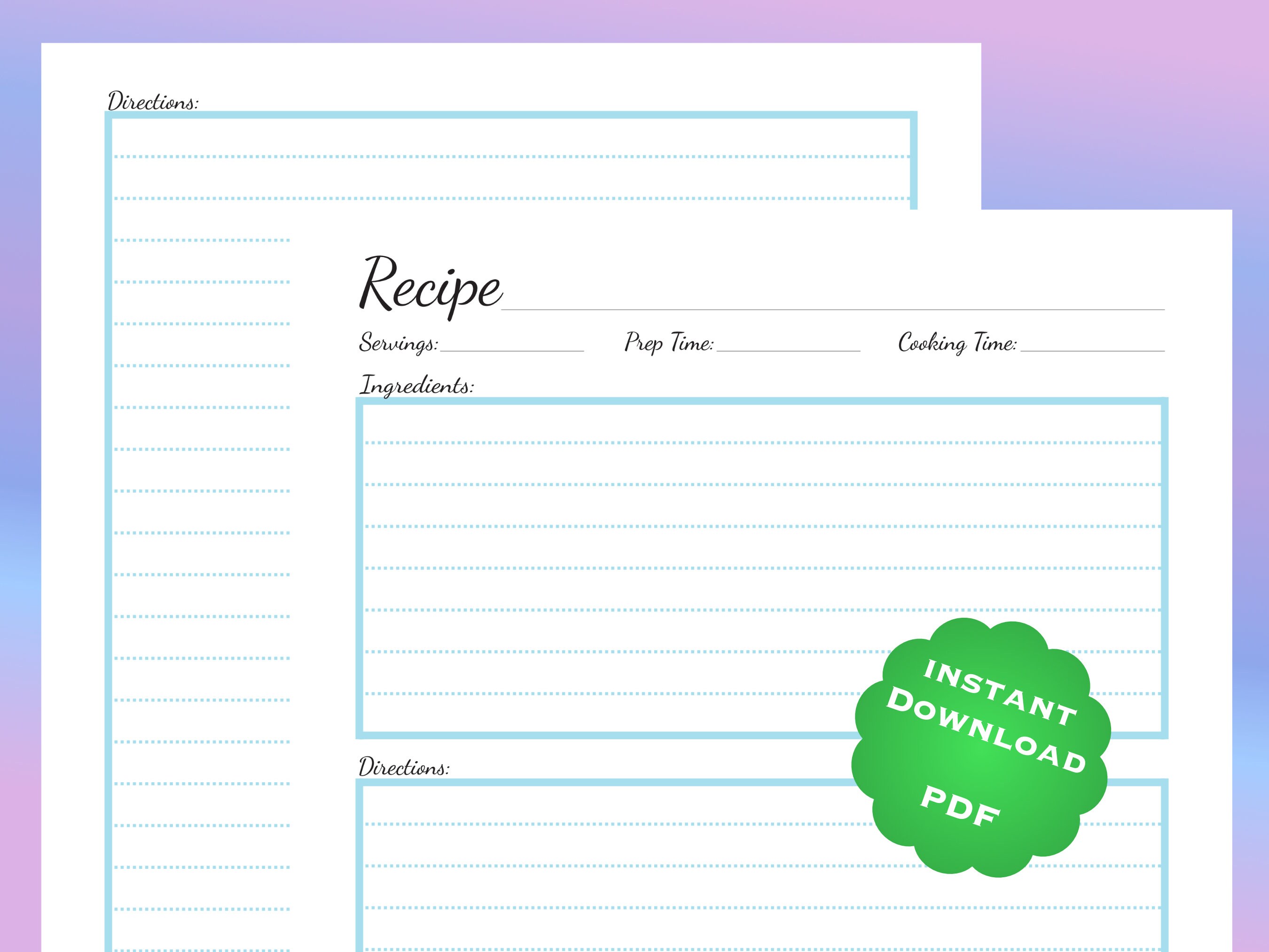 Printable Recipe Writing Pages Digital Download PDF Letter Size - Etsy