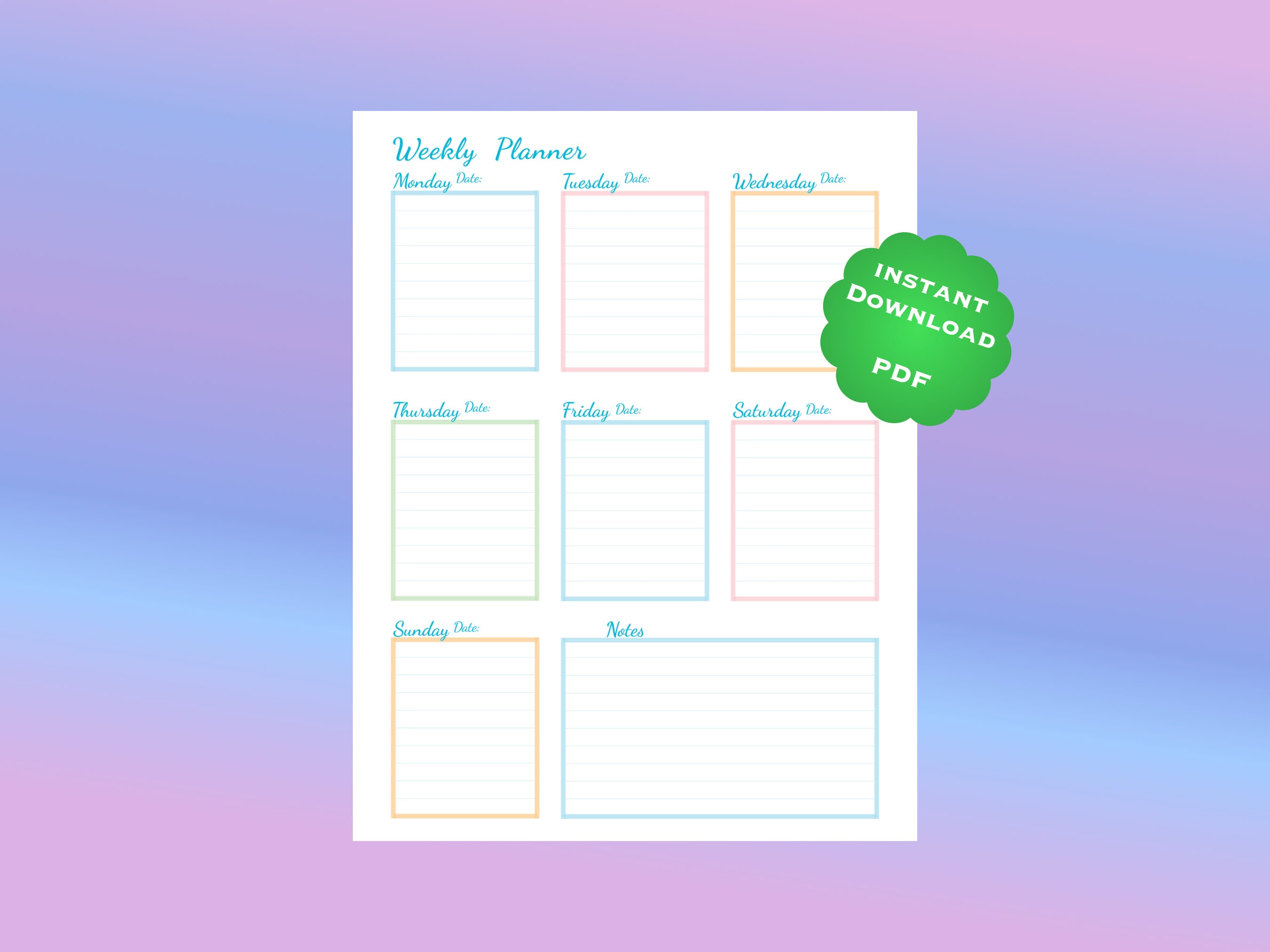 Printable Weekly Planner Simple Colorful Design Digital Download PDF ...