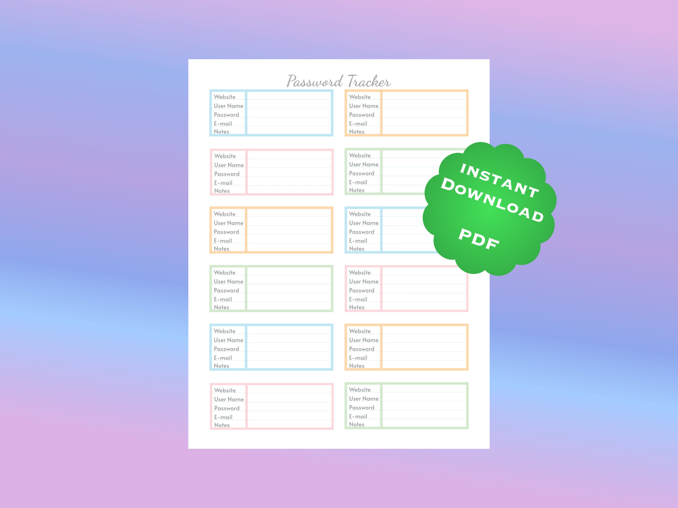 Printable Password Tracker Colorful Design Digital Download PDF Letter ...