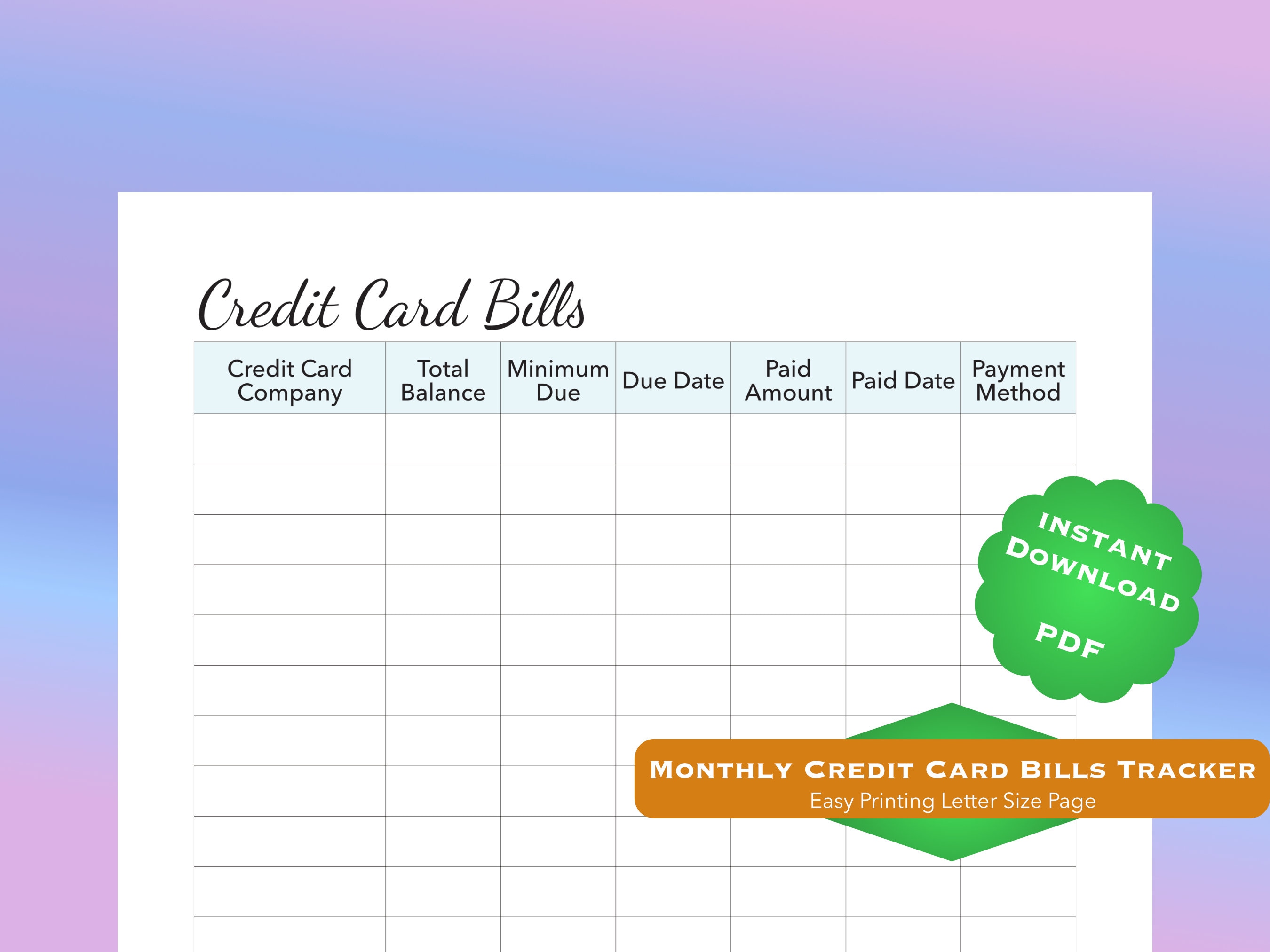 Printable Monthly Credit Card Bills Tracker Digital Download PDF Letter ...