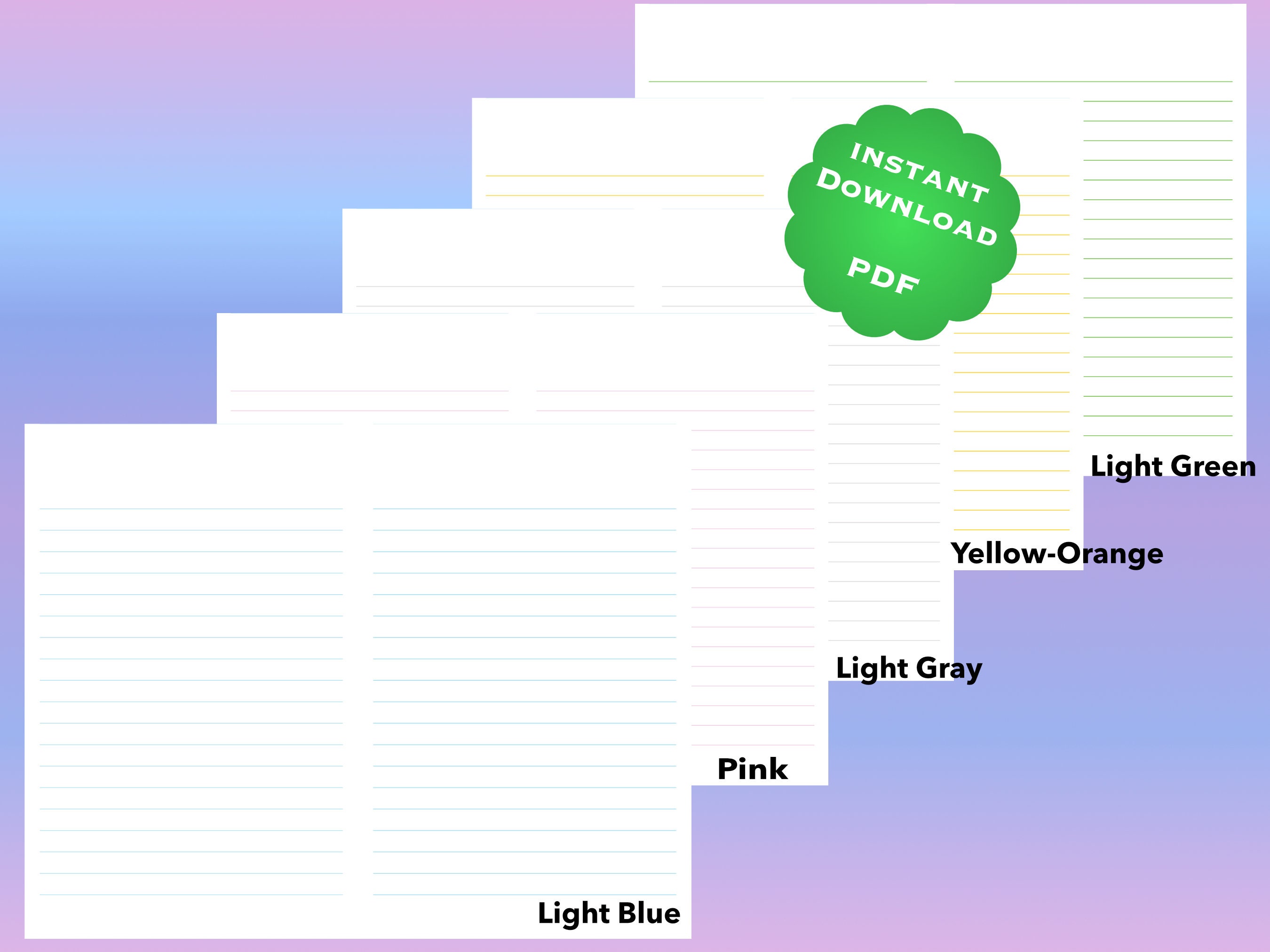 Printable Lined Note Pages, in 5 Colors, Print and Cut Into Two 5.5”x8 ...