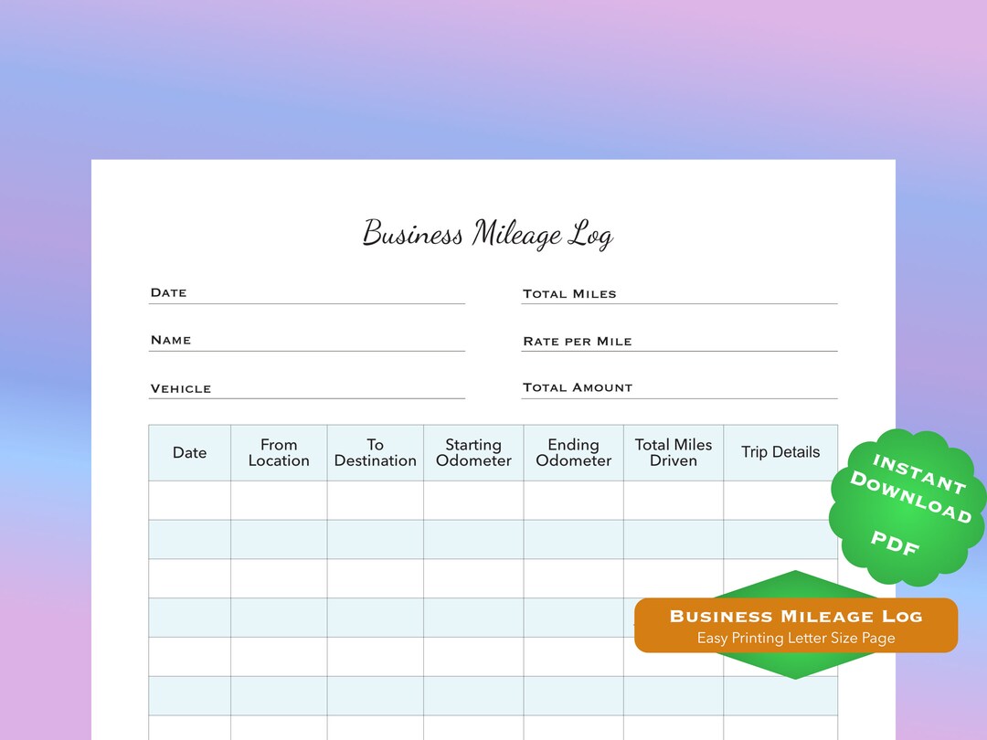 Printable Business Mileage Log Sheet Digital Download PDF Letter Size ...