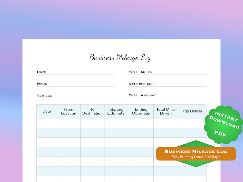 Printable Business Mileage Log Sheet Digital Download PDF Letter Size ...