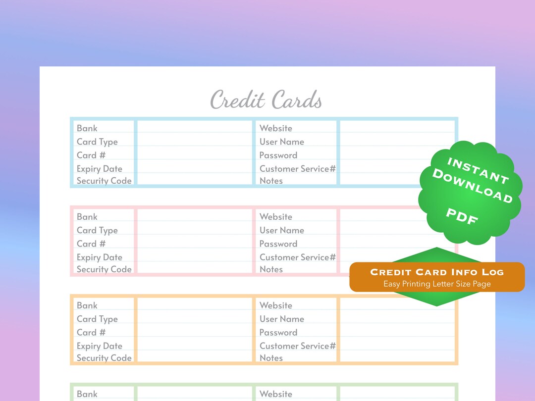 Printable Credit Card Info Tracker Colorful Design Digital Download PDF ...