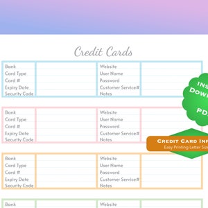 Printable Credit Card Info Tracker Colorful Design Digital Download PDF ...